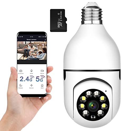 Wireless WiFi Light Socket Bulb Security Camera 360 Degree PTZ Home Camera Floodlight Night Vision Motion Detection 64GB Micro SD Card Included Support 2.4Ghz and 5Ghz