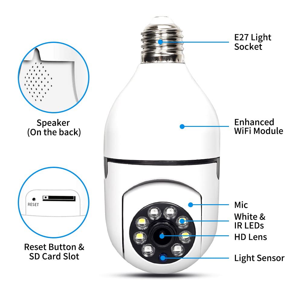 Wireless WiFi Light Socket Bulb Security Camera 360 Degree PTZ Home Camera Floodlight Night Vision Motion Detection 64GB Micro SD Card Included Support 2.4Ghz and 5Ghz