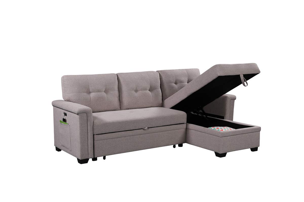 OMGO 84'' L-Shape Convertible Sleeper Sectional Sofa with Storage Chaise and Pull-Out Bed, Button Tufted Backrest, Linen Upholstered Reversible Corner 3 Person Couch, for Living Room, Apartment