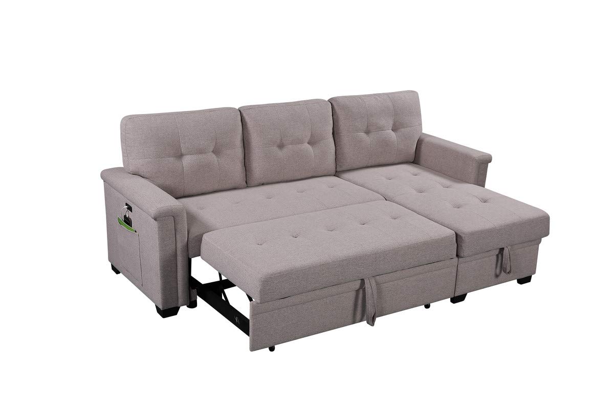 OMGO 84'' L-Shape Convertible Sleeper Sectional Sofa with Storage Chaise and Pull-Out Bed, Button Tufted Backrest, Linen Upholstered Reversible Corner 3 Person Couch, for Living Room, Apartment