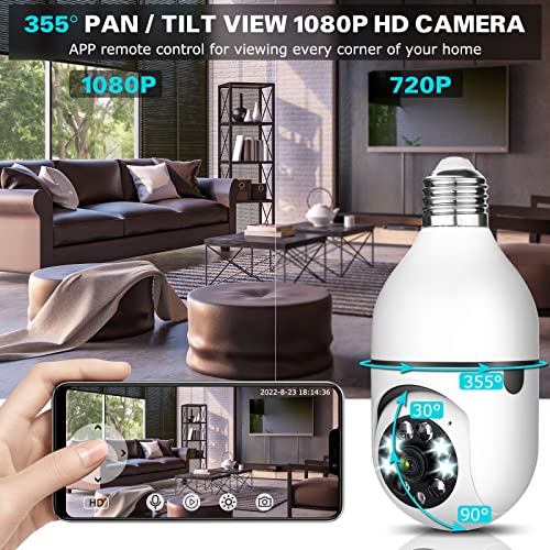 Wireless WiFi Light Socket Bulb Security Camera 360 Degree PTZ Home Camera Floodlight Night Vision Motion Detection 64GB Micro SD Card Included Support 2.4Ghz and 5Ghz