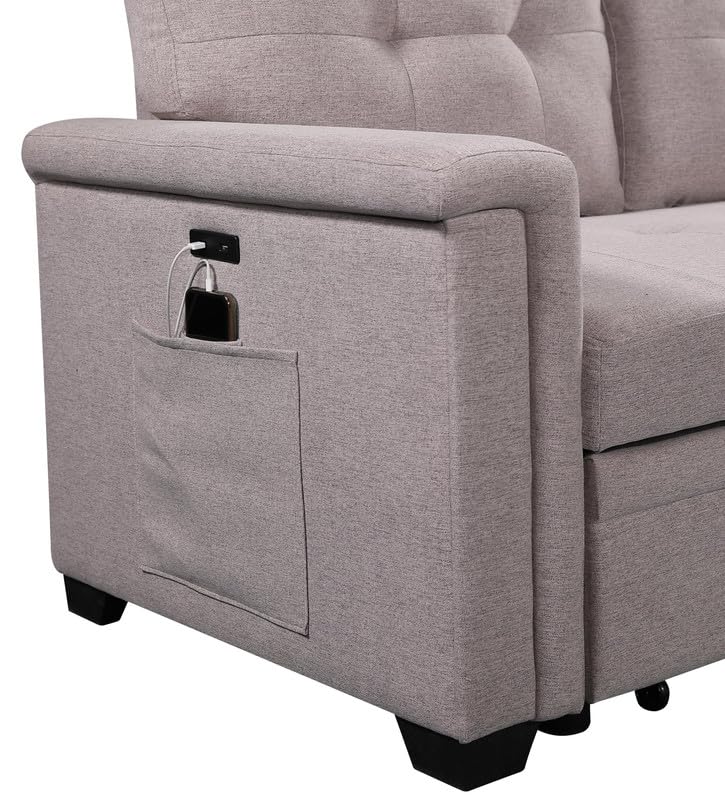 OMGO 84'' L-Shape Convertible Sleeper Sectional Sofa with Storage Chaise and Pull-Out Bed, Button Tufted Backrest, Linen Upholstered Reversible Corner 3 Person Couch, for Living Room, Apartment