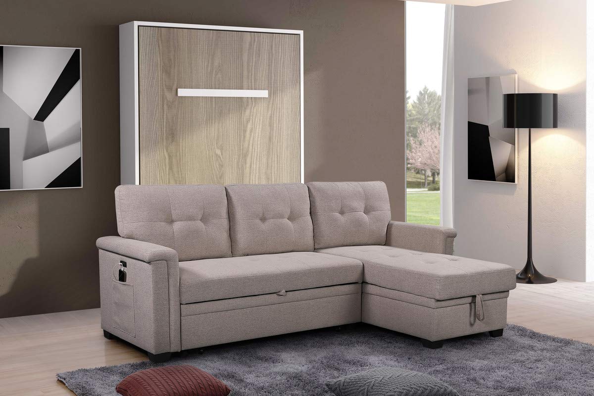 OMGO 84'' L-Shape Convertible Sleeper Sectional Sofa with Storage Chaise and Pull-Out Bed, Button Tufted Backrest, Linen Upholstered Reversible Corner 3 Person Couch, for Living Room, Apartment