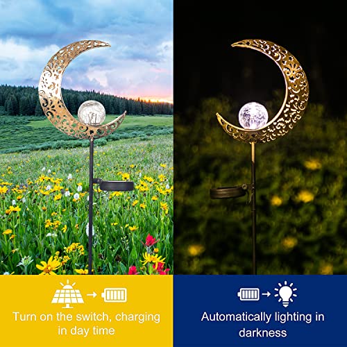 Edeco Outdoor Solar Lights Garden, Moon Crackle Glass Globe Stake Metal Waterproof LED Lights for Pathway, Lawn, Patio, Yard