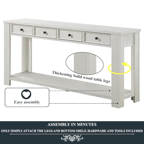 YWUFUART 63" Solid Wood Console Table,Pine Wood Sofa Table with 4 Storage Drawers,Retro Entry Table for Living Room,Hallway,Entryway,Foyer,Antique White