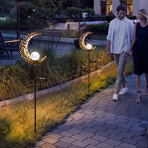 Edeco Outdoor Solar Lights Garden, Moon Crackle Glass Globe Stake Metal Waterproof LED Lights for Pathway, Lawn, Patio, Yard