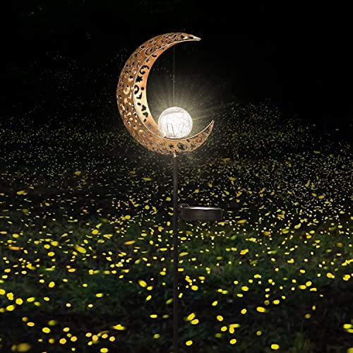 Edeco Outdoor Solar Lights Garden, Moon Crackle Glass Globe Stake Metal Waterproof LED Lights for Pathway, Lawn, Patio, Yard