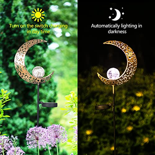 Edeco Outdoor Solar Lights Garden, Moon Crackle Glass Globe Stake Metal Waterproof LED Lights for Pathway, Lawn, Patio, Yard