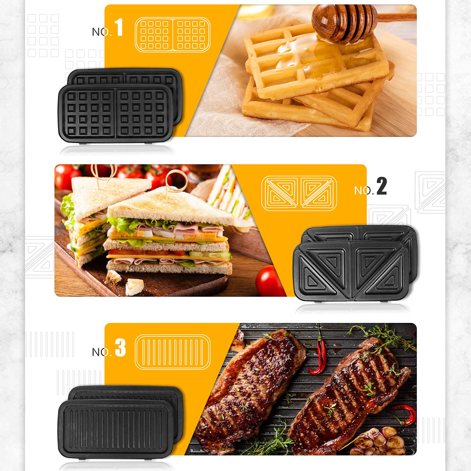 Metine Waffle Makers, 3-in-1 Waffle Iron Panini Press Sandwich Maker with Removable Plates, 5-gears Temperature Control Non Stick Coating Cool Touch Handle Anti-skid Feet for Breakfast 1200W 120V
