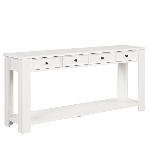 YWUFUART 63" Solid Wood Console Table,Pine Wood Sofa Table with 4 Storage Drawers,Retro Entry Table for Living Room,Hallway,Entryway,Foyer,Antique White