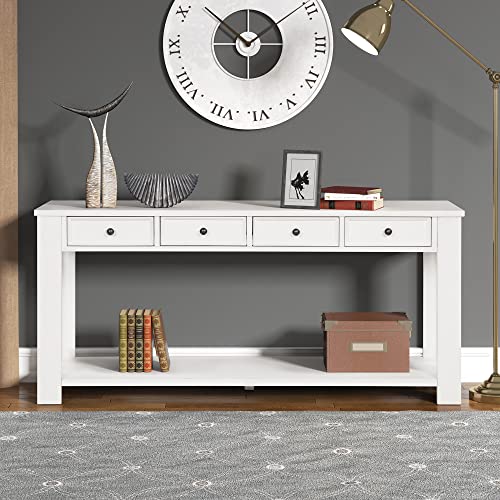 YWUFUART 63" Solid Wood Console Table,Pine Wood Sofa Table with 4 Storage Drawers,Retro Entry Table for Living Room,Hallway,Entryway,Foyer,Antique White