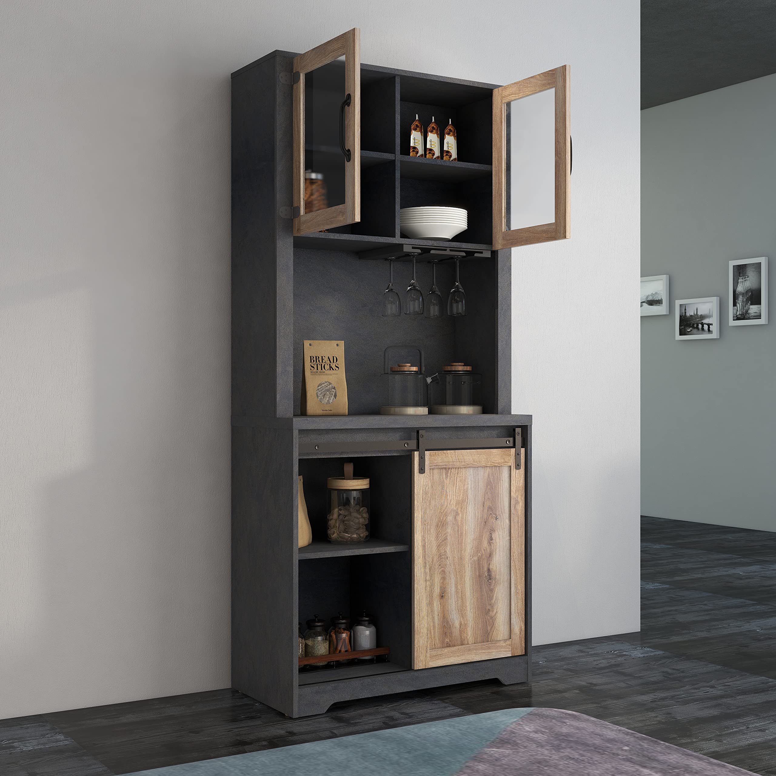 Tiophome Bar Cabinet for Liquor & Glasses, Stemware Holder & Sliding Barn Doors & 7 Storage Shelves & 16-Bottle Wine Rack, Farmhouse Wooden Coffee Sideboard Buffet Tall Freestanding Cabinets Pantry