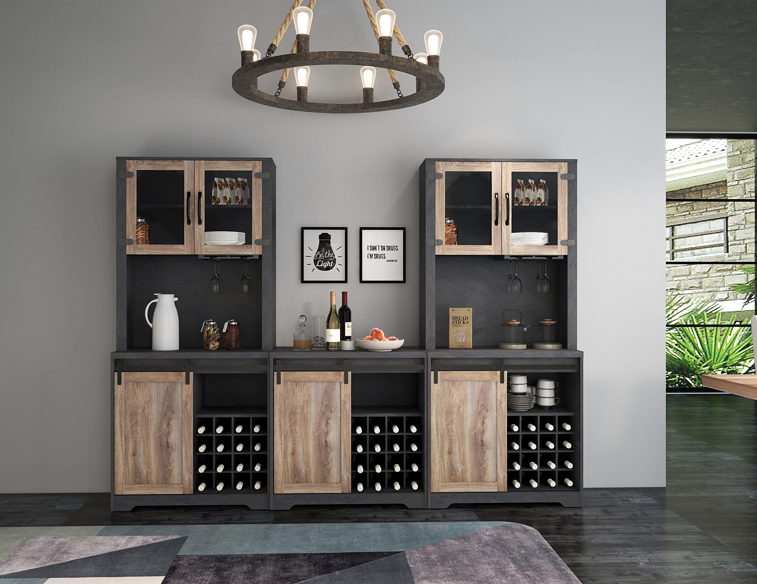 Tiophome Bar Cabinet for Liquor & Glasses, Stemware Holder & Sliding Barn Doors & 7 Storage Shelves & 16-Bottle Wine Rack, Farmhouse Wooden Coffee Sideboard Buffet Tall Freestanding Cabinets Pantry