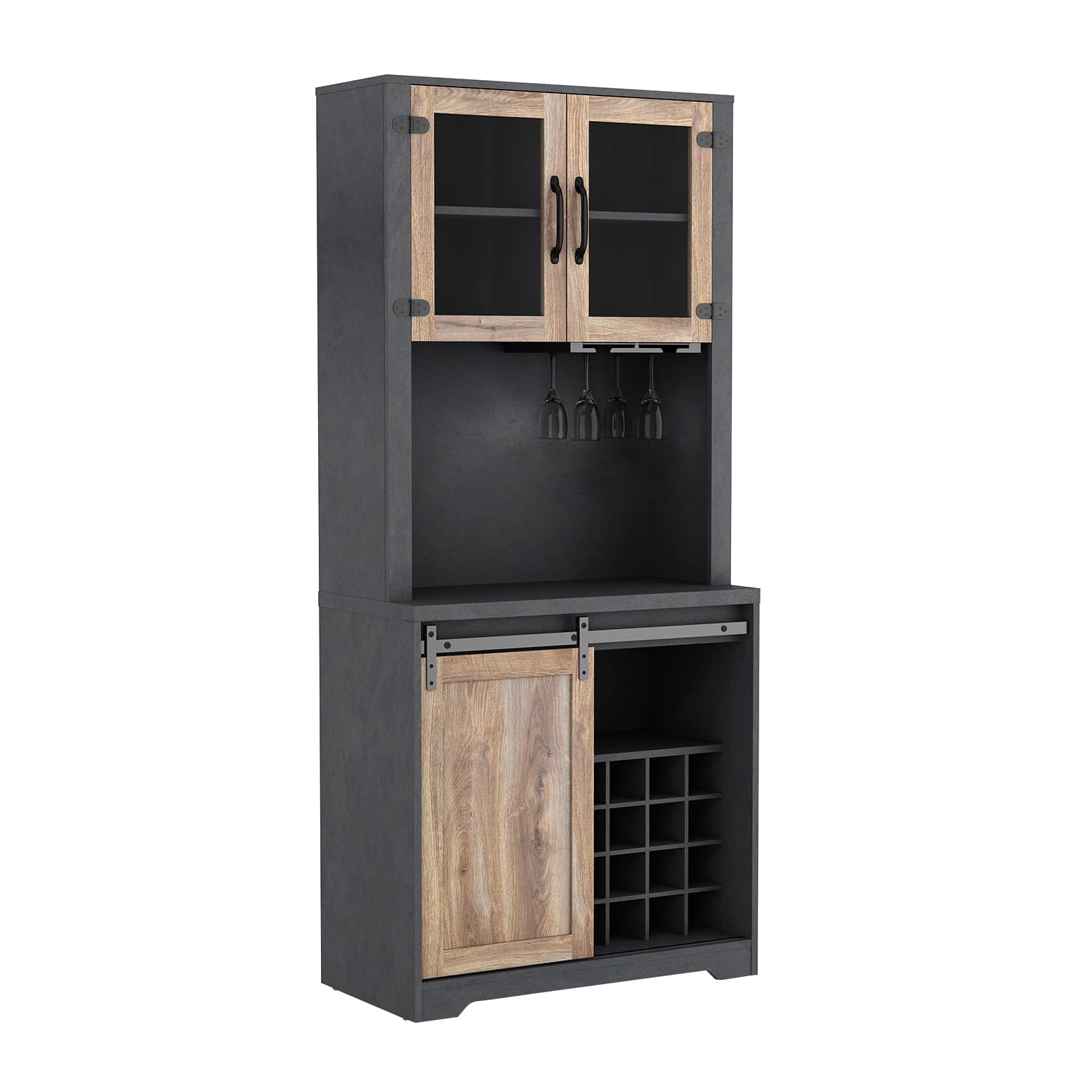 Tiophome Bar Cabinet for Liquor & Glasses, Stemware Holder & Sliding Barn Doors & 7 Storage Shelves & 16-Bottle Wine Rack, Farmhouse Wooden Coffee Sideboard Buffet Tall Freestanding Cabinets Pantry