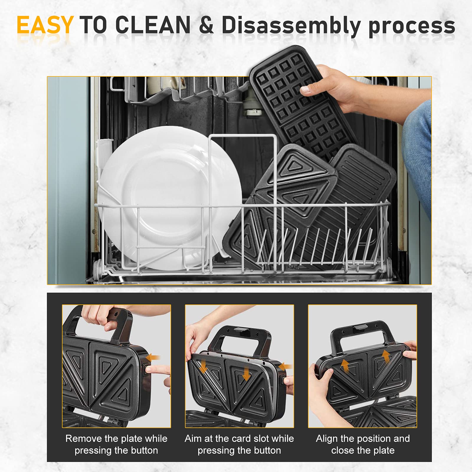Metine Waffle Makers, 3-in-1 Waffle Iron Panini Press Sandwich Maker with Removable Plates, 5-gears Temperature Control Non Stick Coating Cool Touch Handle Anti-skid Feet for Breakfast 1200W 120V