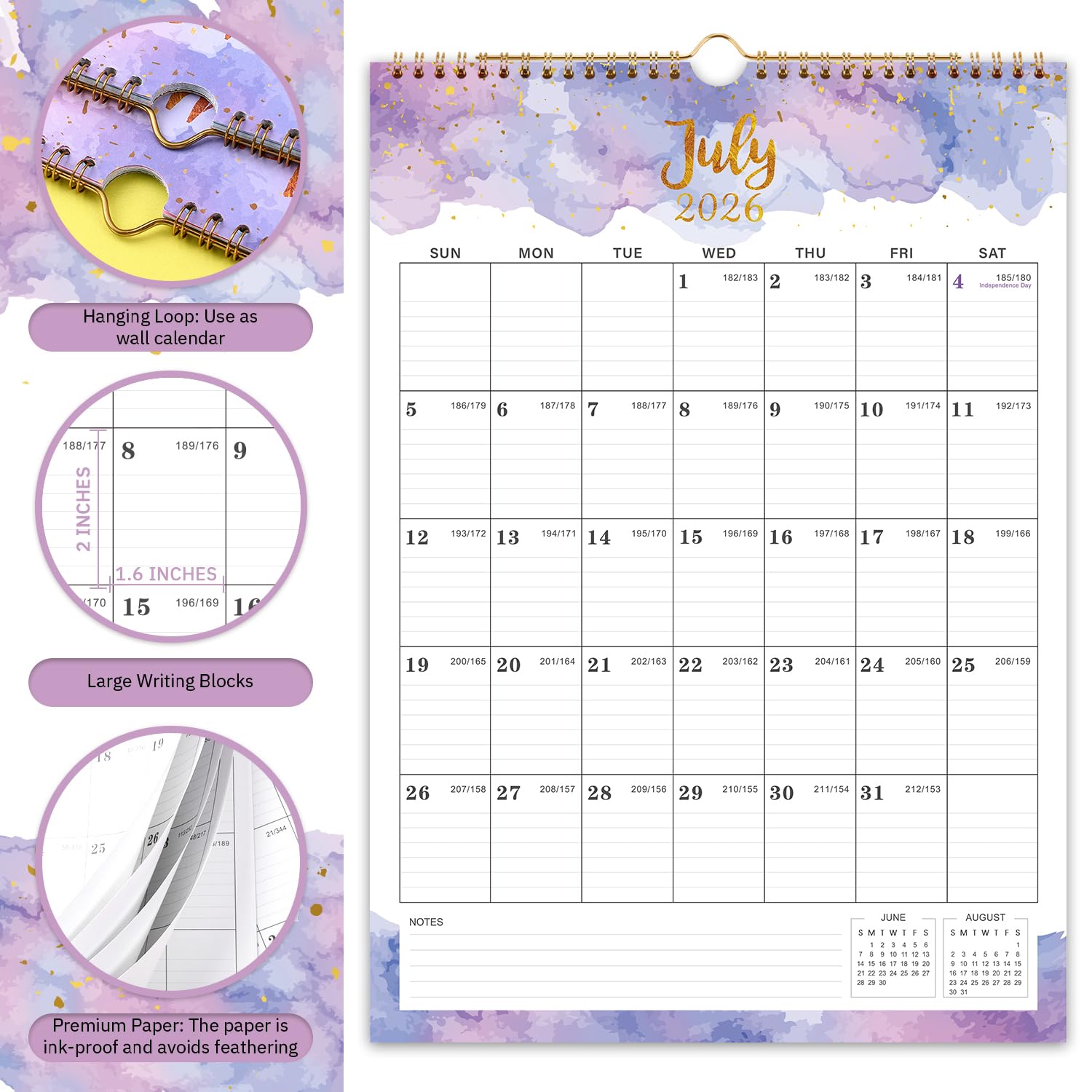 2023-2024 Wall Calendar - 18 Monthly Wall Calendar 2023-2024, 12" x 17", Jul. 2023 - Dec. 2024, Twin-Wire Binding, Hanging Hook, Blocks and Julian Dates - Colorful Waterink