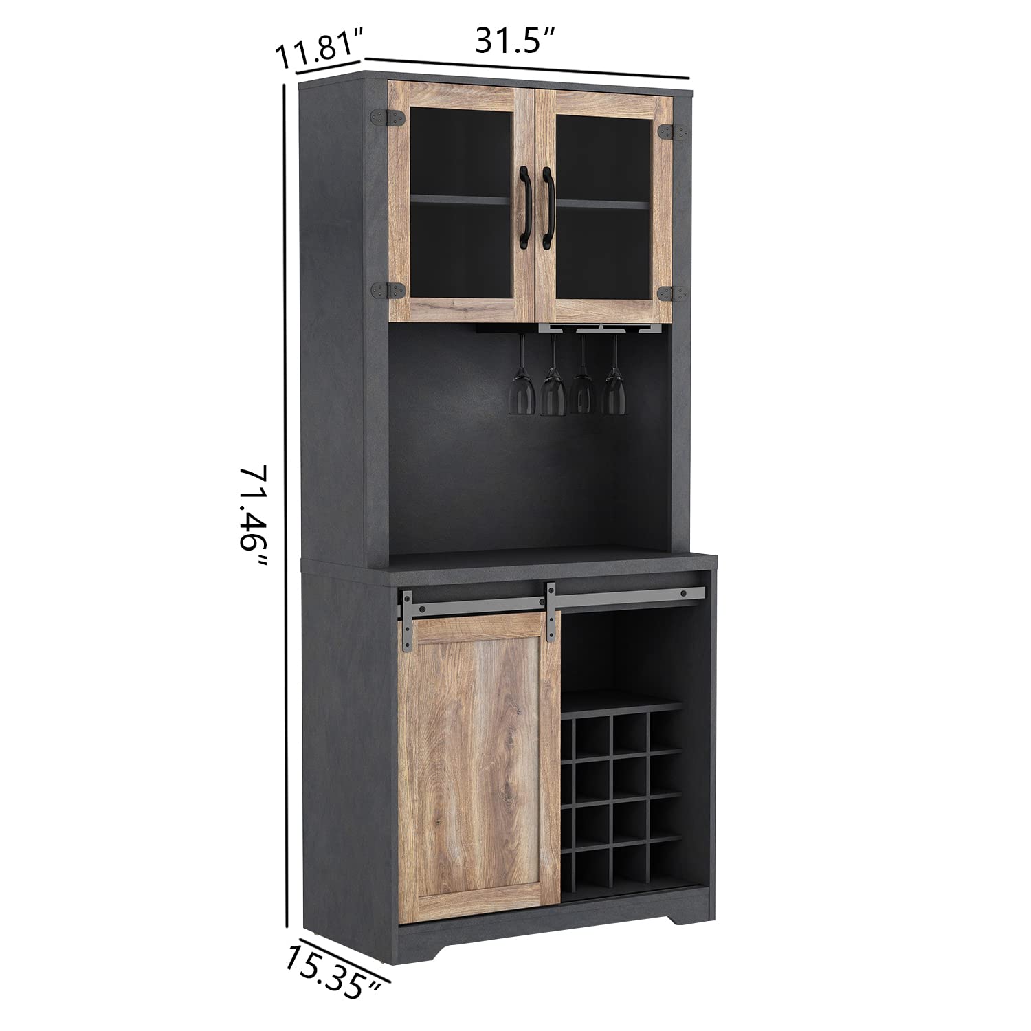 Tiophome Bar Cabinet for Liquor & Glasses, Stemware Holder & Sliding Barn Doors & 7 Storage Shelves & 16-Bottle Wine Rack, Farmhouse Wooden Coffee Sideboard Buffet Tall Freestanding Cabinets Pantry