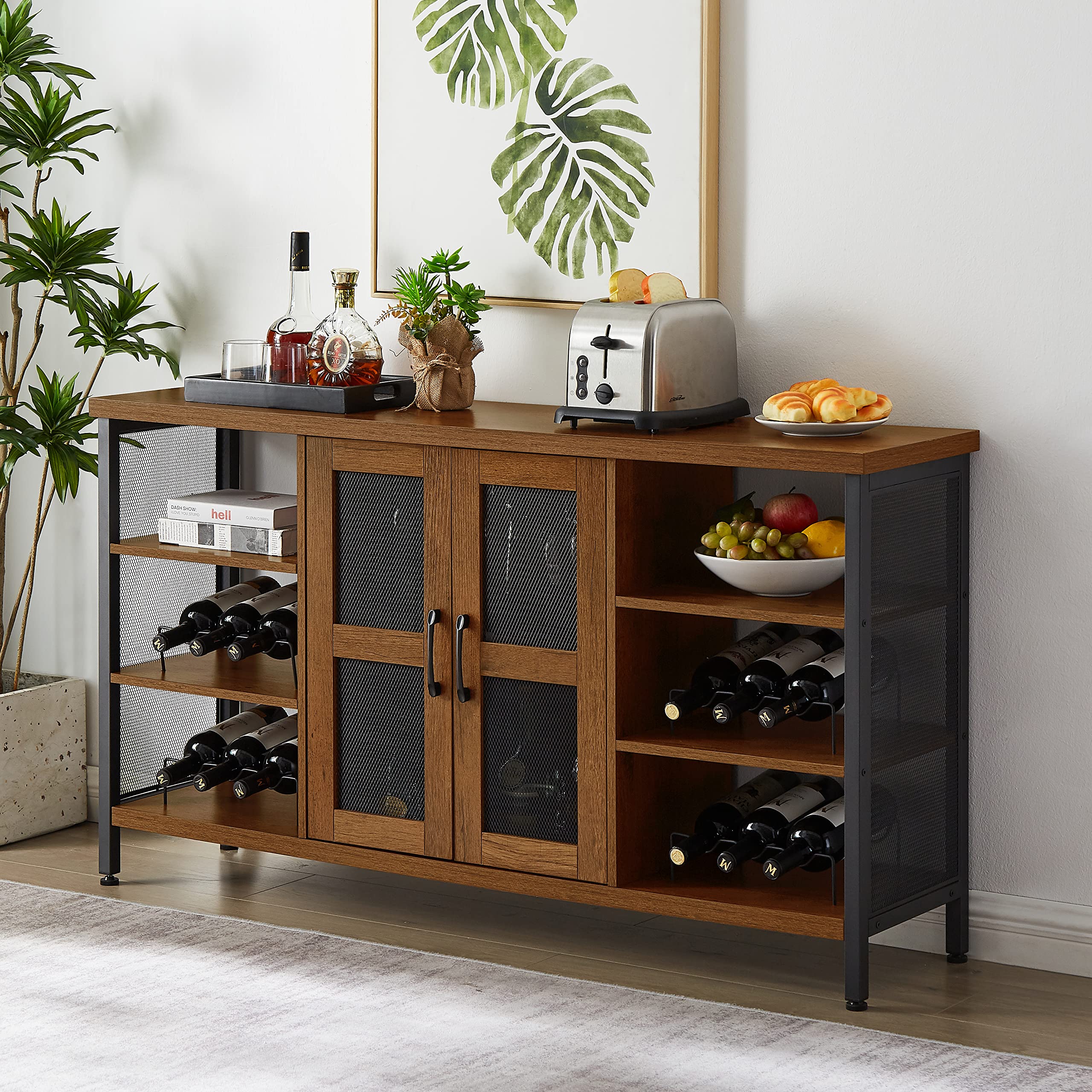 Tiophome Industrial Bar, Liquor Storage Credenza, Farmhouse Wood Coffee Cabinets with Wine Racks & Stemware Holder, Metal Sideboard and Buffet (55.12''W, Hazelnut Brown), Large