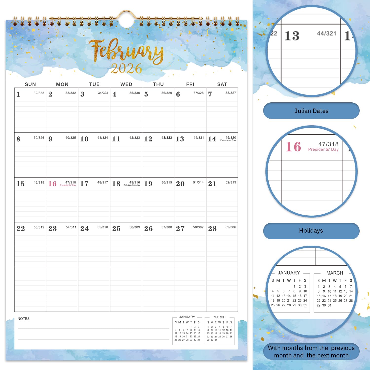 2023-2024 Wall Calendar - 18 Monthly Wall Calendar 2023-2024, 12" x 17", Jul. 2023 - Dec. 2024, Twin-Wire Binding, Hanging Hook, Blocks and Julian Dates - Colorful Waterink