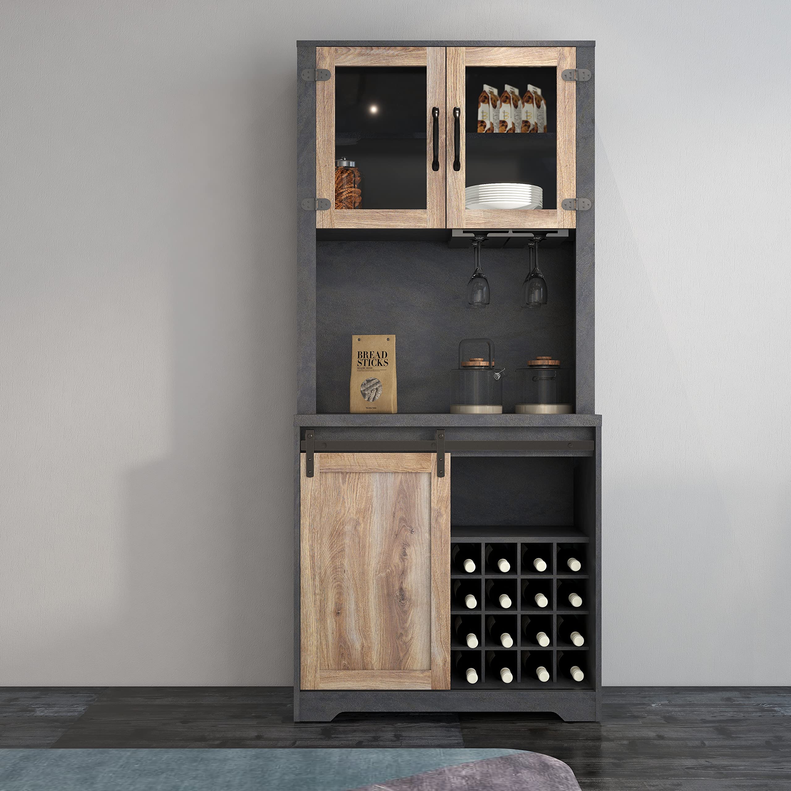 Tiophome Bar Cabinet for Liquor & Glasses, Stemware Holder & Sliding Barn Doors & 7 Storage Shelves & 16-Bottle Wine Rack, Farmhouse Wooden Coffee Sideboard Buffet Tall Freestanding Cabinets Pantry