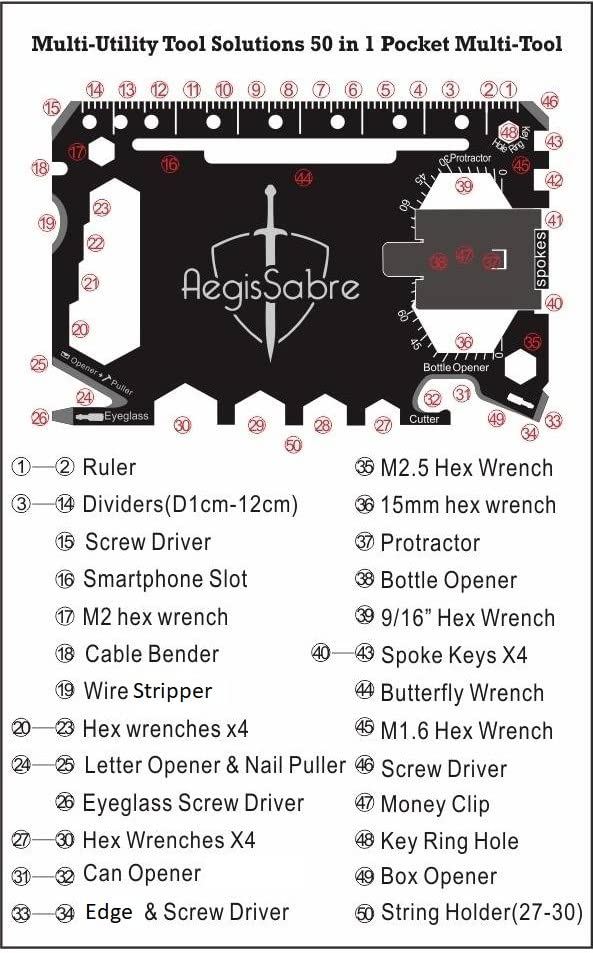 AegisSabre 50 in 1 Credit Card Sized Multitool Fits Wallet and bottle opener Minimalist Everyday Carry Tool Amazing gift for him Husband Dad Men Valentine Gift Idea for him | Silver Edition