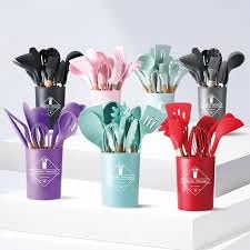 Silicone Cooking Utensils Kitchen Utensil Set, 12 PCS Wooden Handle Nontoxic BPA Free Silicone Spoon Spatula Turner Tongs Kitchen Gadgets Utensil Set for Nonstick Cookware with Holder (Pink)