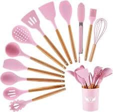 Silicone Cooking Utensils Kitchen Utensil Set, 12 PCS Wooden Handle Nontoxic BPA Free Silicone Spoon Spatula Turner Tongs Kitchen Gadgets Utensil Set for Nonstick Cookware with Holder (Pink)