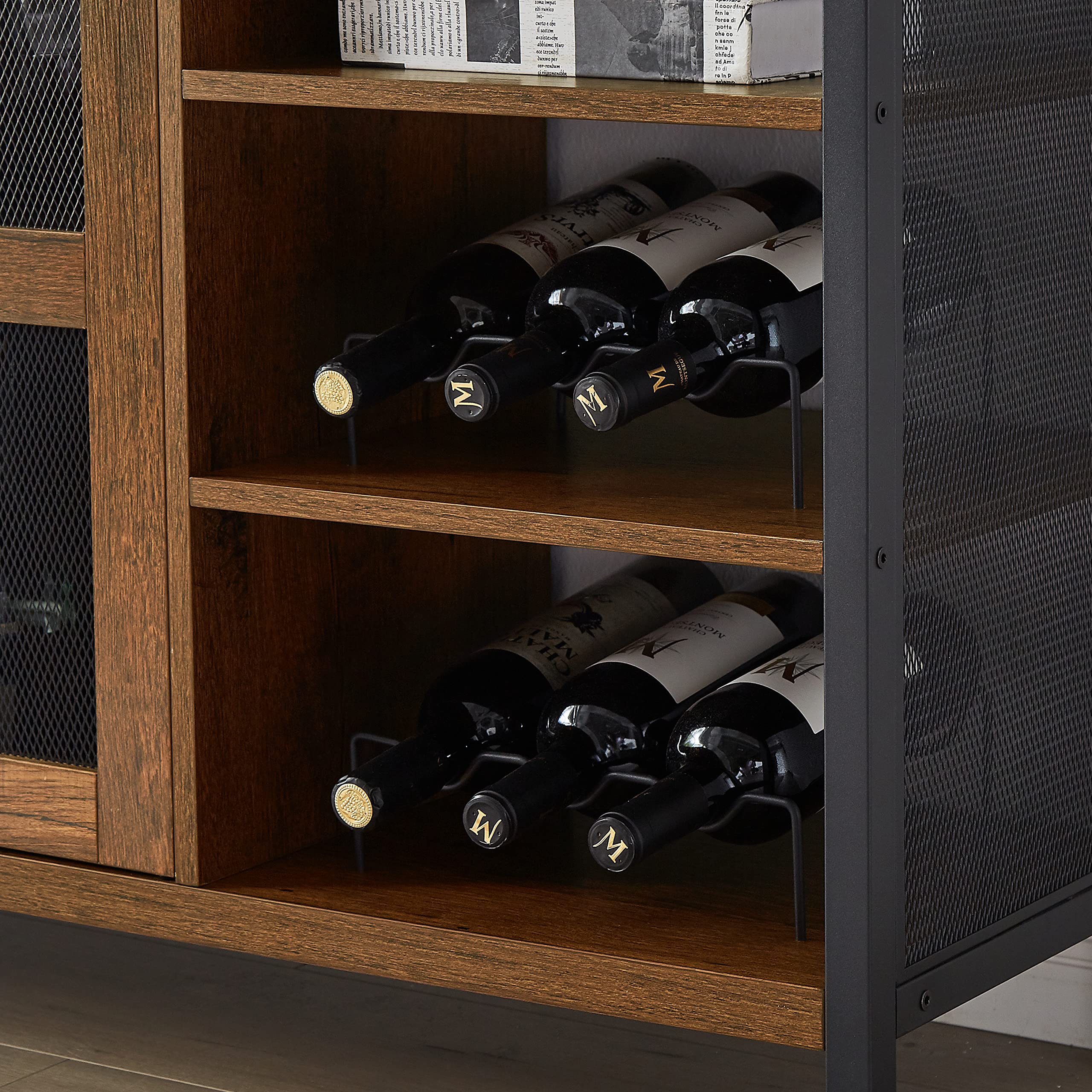 Tiophome Industrial Bar, Liquor Storage Credenza, Farmhouse Wood Coffee Cabinets with Wine Racks & Stemware Holder, Metal Sideboard and Buffet (55.12''W, Hazelnut Brown), Large