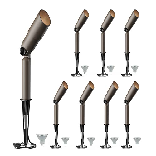 GOODSMANN Landscape Lighting Low Voltage Spotlight 20 Watts Halogen Landscape Lights with Metal Stake and Connector 176 Lumens 3000K for Outdoor Lighting Pathway Lawn Garden (8 Pack) 9920-9603-08