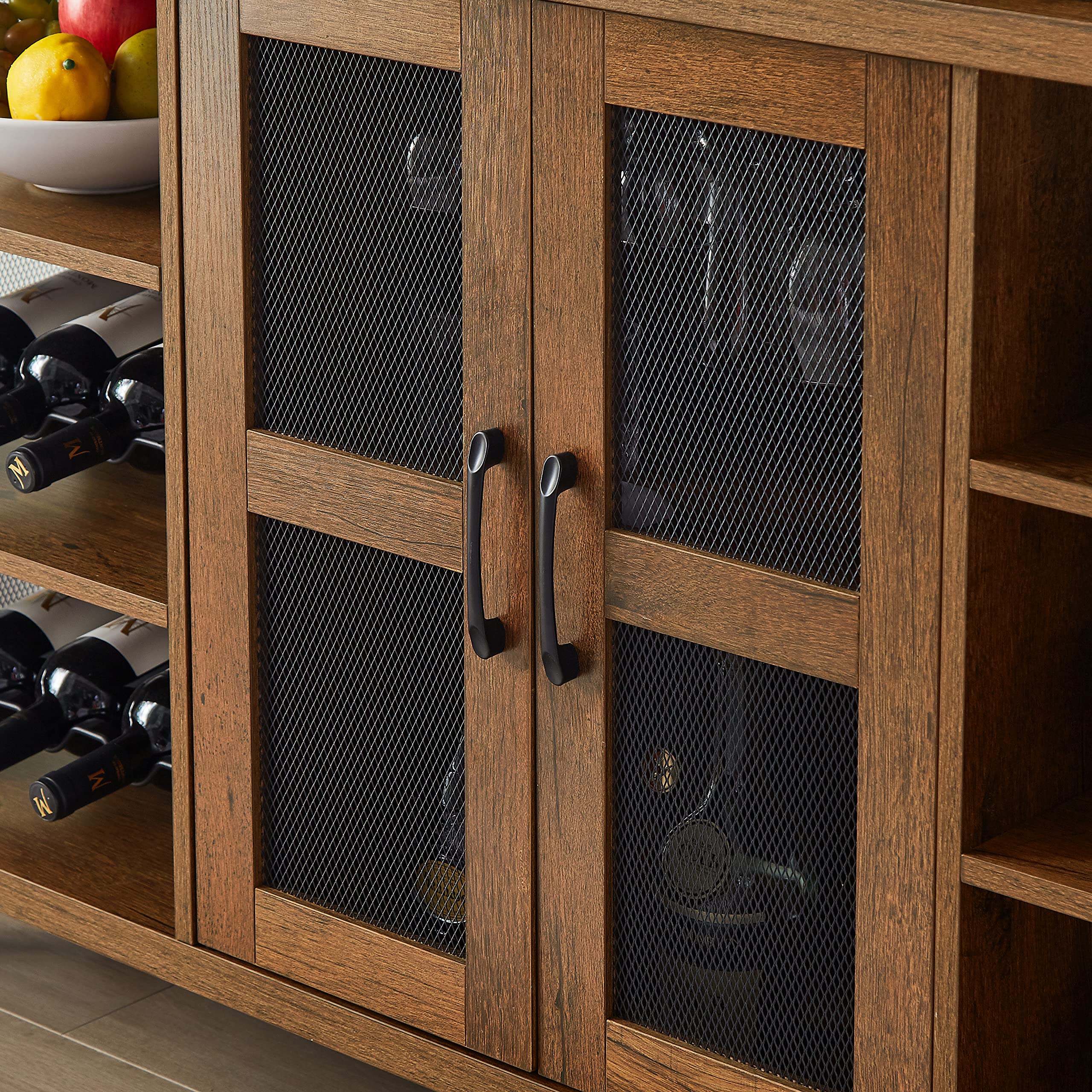 Tiophome Industrial Bar, Liquor Storage Credenza, Farmhouse Wood Coffee Cabinets with Wine Racks & Stemware Holder, Metal Sideboard and Buffet (55.12''W, Hazelnut Brown), Large
