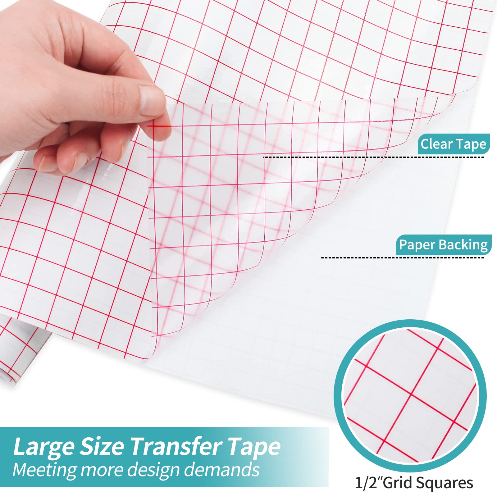 40FT Transfer Tape for Vinyl - Clear Vinyl Transfer Paper Tape Roll, 12” x 40 FT with 1/2 Red Grid Standard Tape for Cricut Adhesive Vinyl for Craft Decal, Mug Decal
