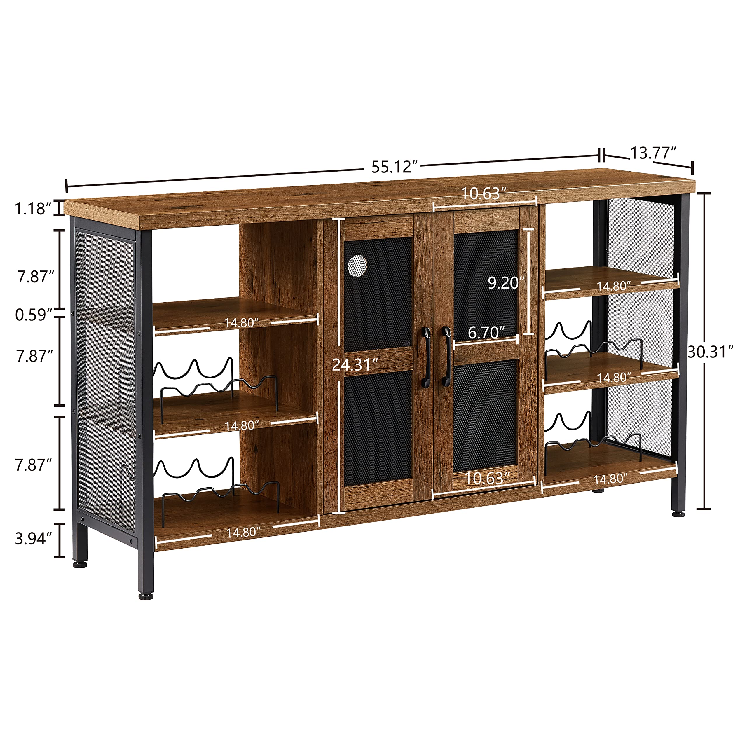 Tiophome Industrial Bar, Liquor Storage Credenza, Farmhouse Wood Coffee Cabinets with Wine Racks & Stemware Holder, Metal Sideboard and Buffet (55.12''W, Hazelnut Brown), Large