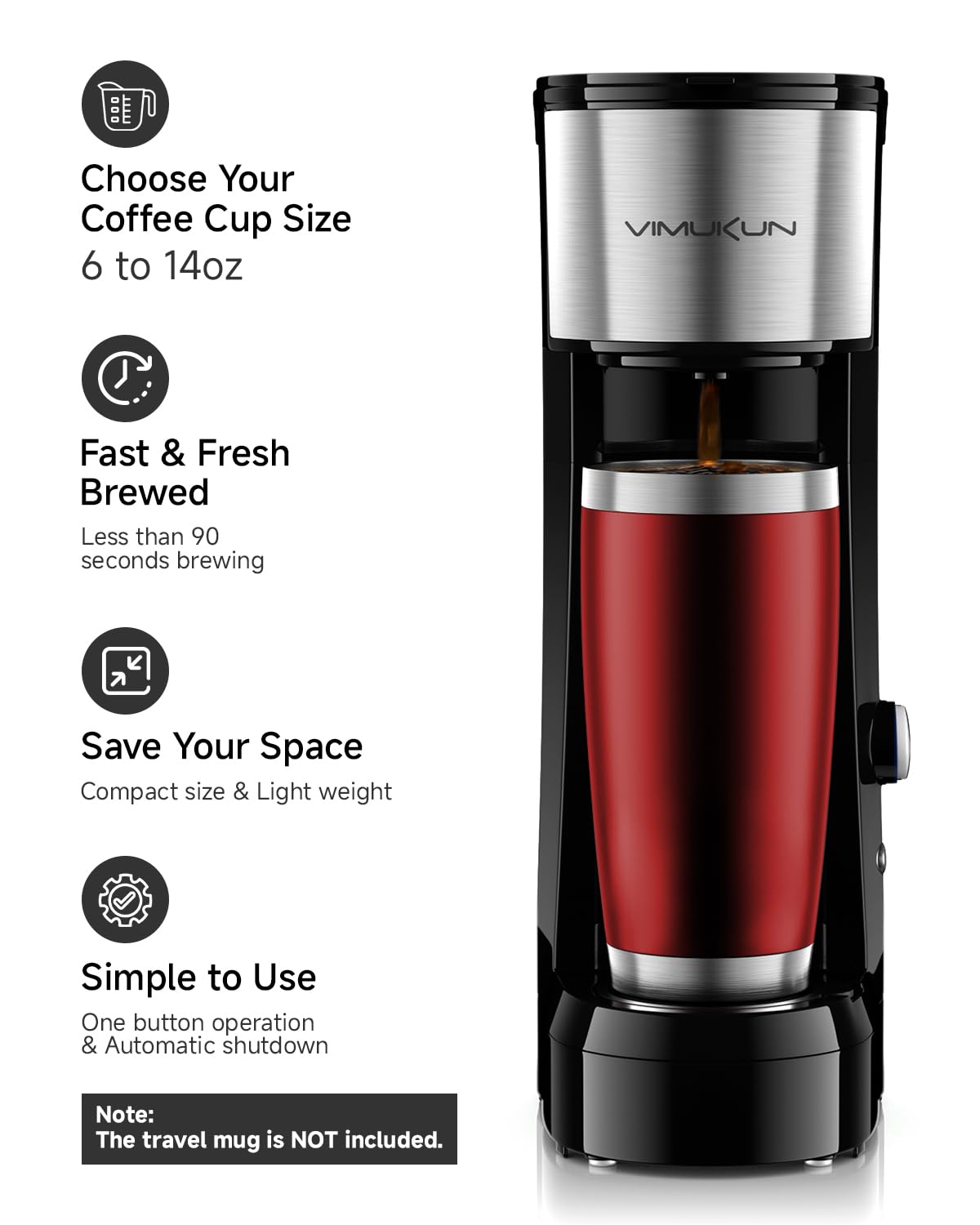 Vimukun Single Serve Coffee Maker Coffee Brewer Compatible with K-Cup Single Cup Capsule, Single Cup Coffee Makers Brewer with 6 to 14oz Reservoir, Tall Size KCM010A (Black)