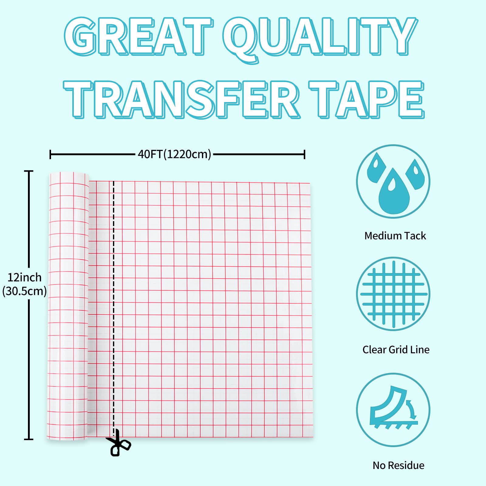 40FT Transfer Tape for Vinyl - Clear Vinyl Transfer Paper Tape Roll, 12” x 40 FT with 1/2 Red Grid Standard Tape for Cricut Adhesive Vinyl for Craft Decal, Mug Decal