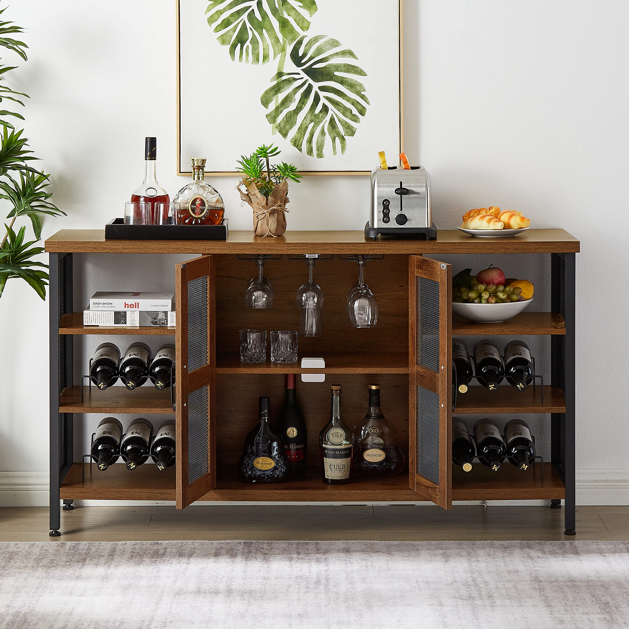 Tiophome Industrial Bar, Liquor Storage Credenza, Farmhouse Wood Coffee Cabinets with Wine Racks & Stemware Holder, Metal Sideboard and Buffet (55.12''W, Hazelnut Brown), Large