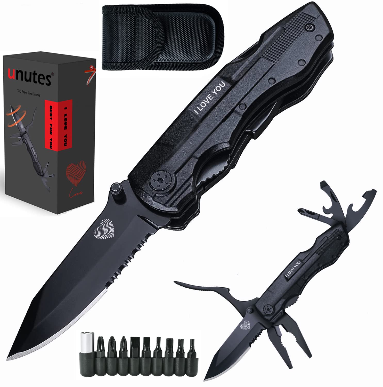 Gifts for Men Dad Husband Boyfriend Him from Daughter Son Wife Kids, Multitool Pocketl Knife, Engraved 'I LOVE YOU', Survival Multi Tool Cool Gadgets