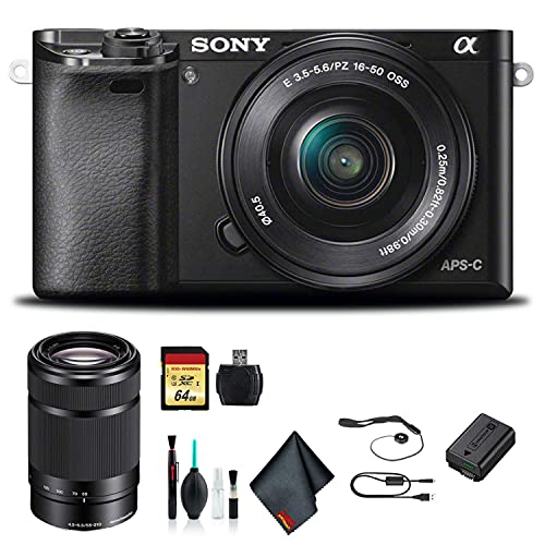 Sony Alpha a6000 Mirrorless Camera with 16-50mm and 55-210mm Lenses ILCE6000Y/B with Soft Bag, 64GB Memory Card, Card Reader, Plus Essential Accessories