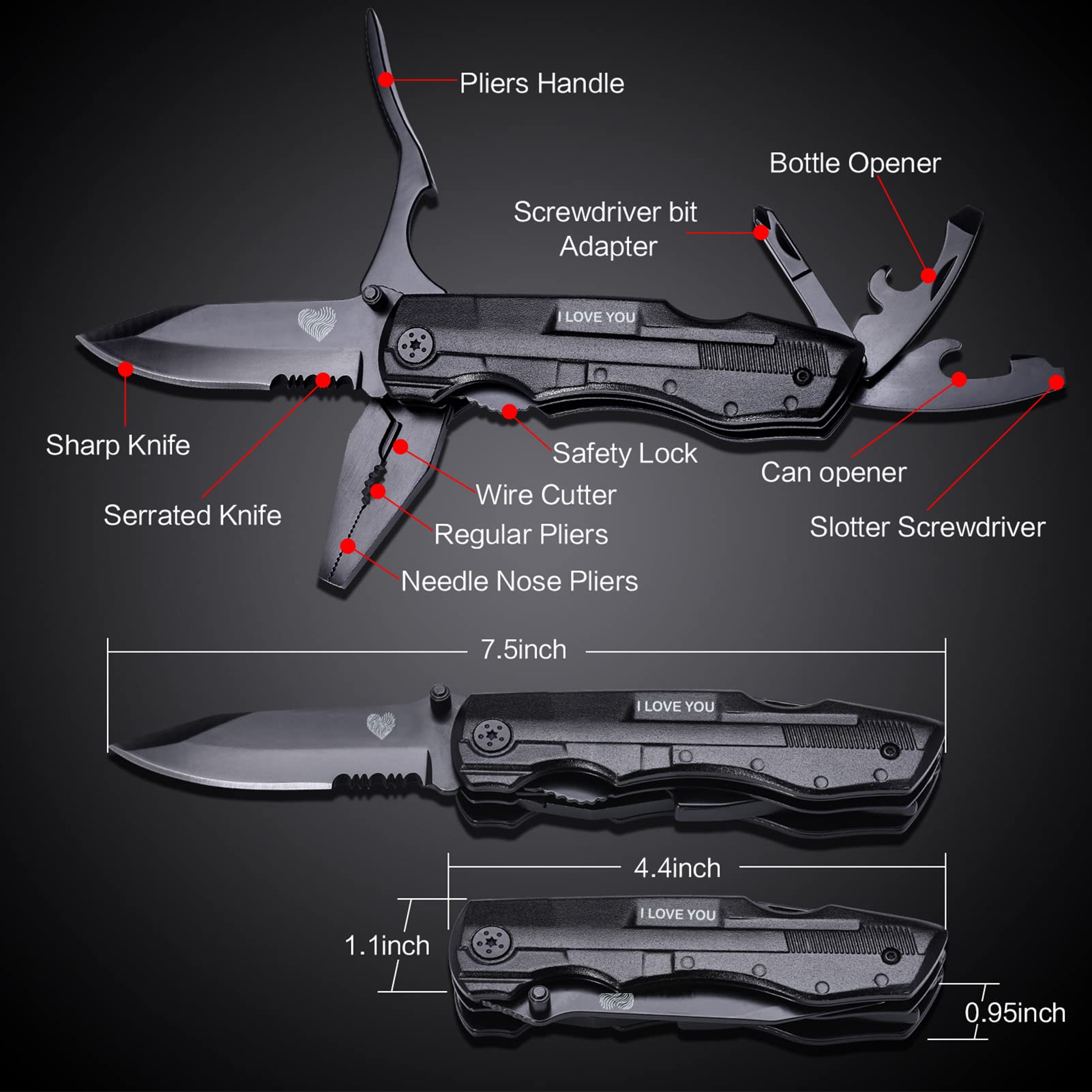 Gifts for Men Dad Husband Boyfriend Him from Daughter Son Wife Kids, Multitool Pocketl Knife, Engraved 'I LOVE YOU', Survival Multi Tool Cool Gadgets