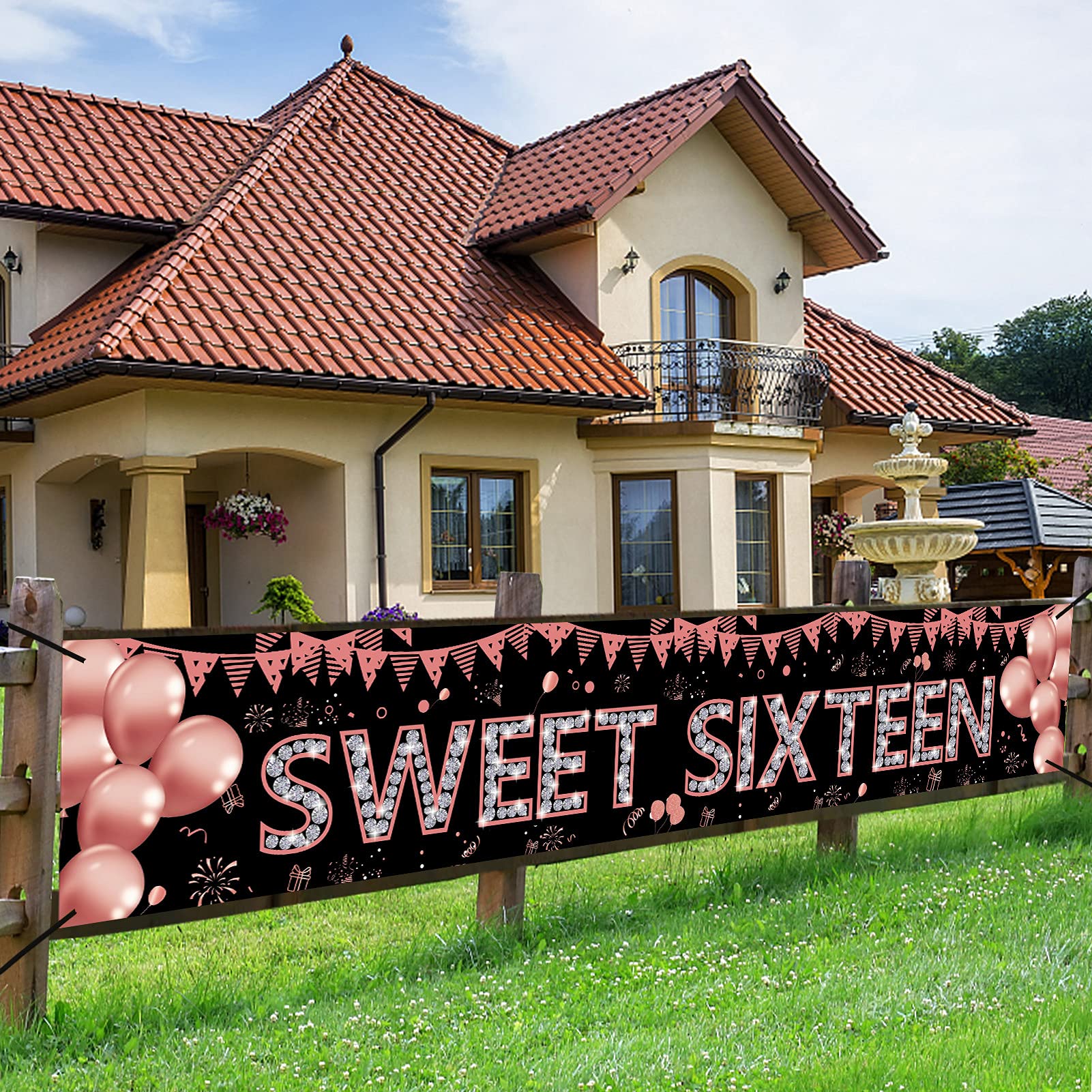 Happy 16th Birthday Banner Decorations for Girls, Rose Gold Sweet Sixteen Birthday Party Supplies, 16 Years Old Birthday Photo Booth Sign(9.8x1.6ft)
