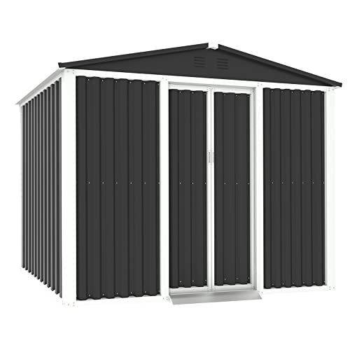Crownland Outdoor Vented Backyard Garden Storage Shed 6 x 8 Feet Tool House with Sliding Door Outdoor Lawn Steel Roof Sheds (Gray)