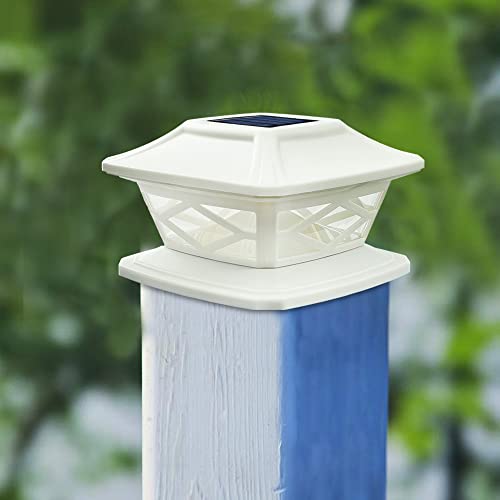 JOHOO Fence Post Cap Solar Lights, 2 PK Cool White LEDs Outdoor Deck Lamp Fits 4x4 5x5 6x6 Wooden Posts Waterproof for Deck, Patio, Garden, Yard Decoration