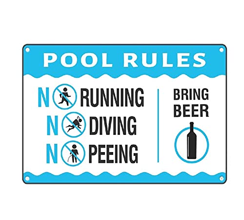 CCPARTON Pool Rules No Running No Diving No Peeing Pool Rules Metal Tin Signs Warning Signs Swimming Pool Sign Aluminum Sign Wall Decor 8x12 Inches Tin Sign for Pool Beach Garden