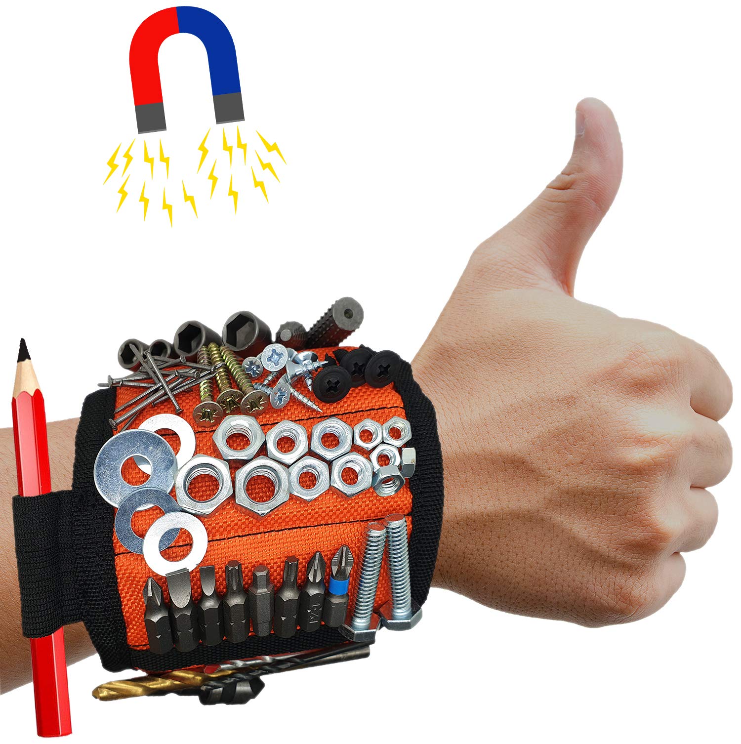 MyToolOn Magnetic Wristband with 20 Strong Magnets for Holding Screws, Nails, Drill Bits. Best Unique Tool Gift for Men, Father Dad, DIY Handyman, Husband, Boyfriend, Him, and Women, Orange.