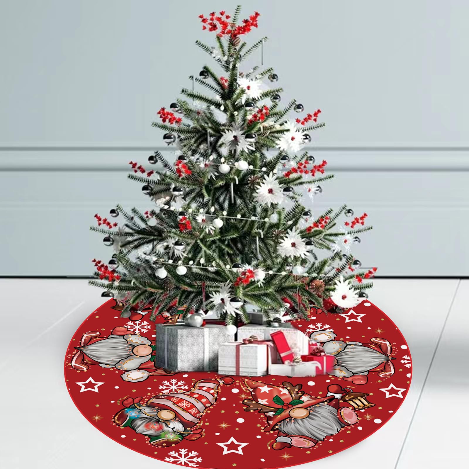 Christmas Tree Skirt Red Tree Skirt Glitter Gnomes Snowflake Xmas Winter Tree Skirt 24 Inch for Red Christmas Indoor Outdoor Decorations