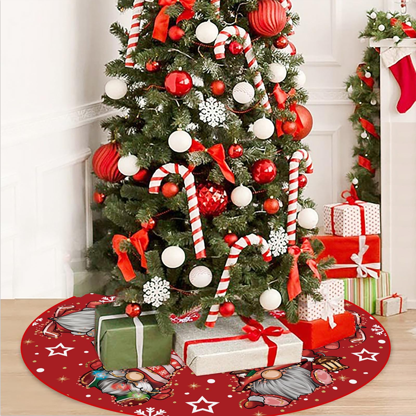 Christmas Tree Skirt Red Tree Skirt Glitter Gnomes Snowflake Xmas Winter Tree Skirt 24 Inch for Red Christmas Indoor Outdoor Decorations
