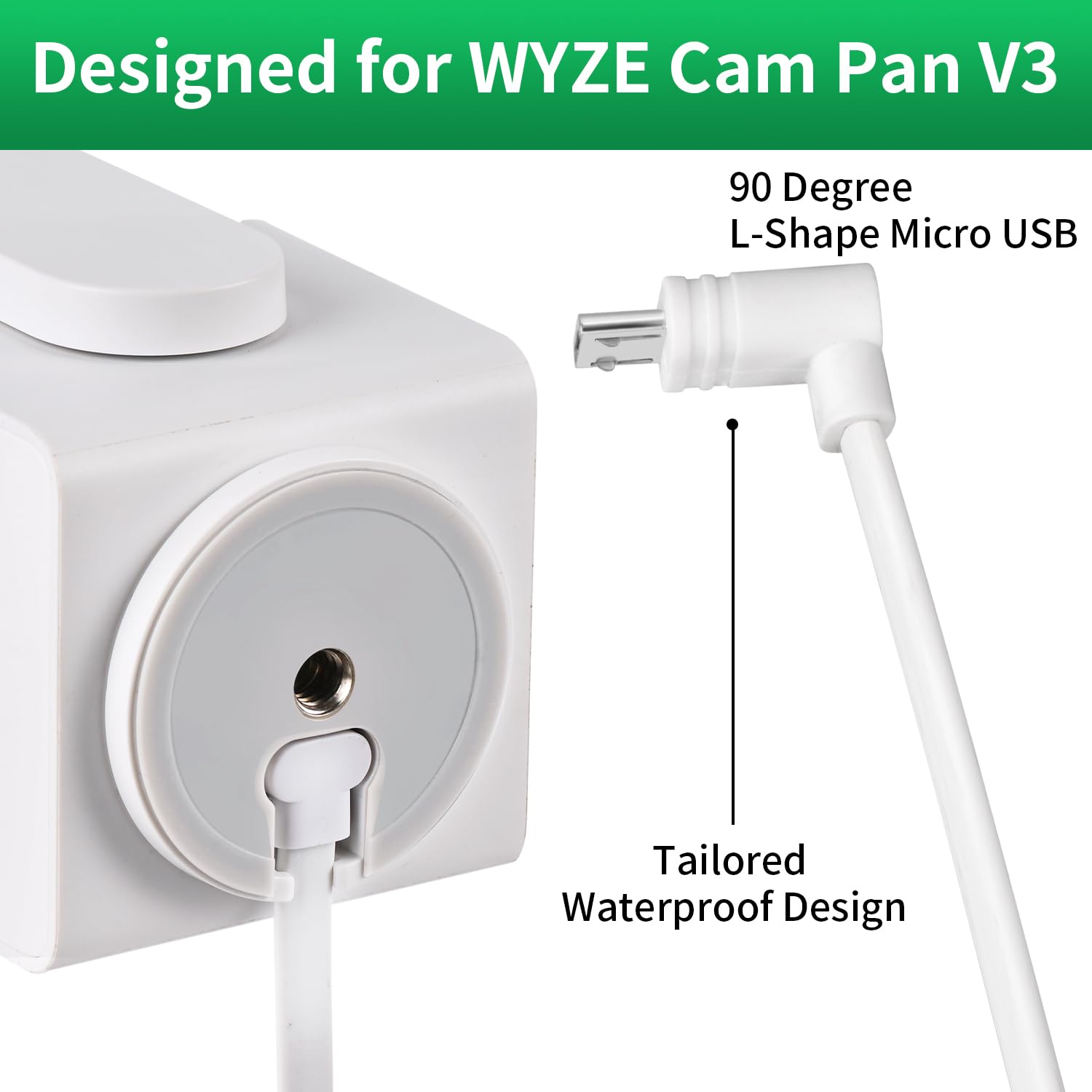 2Pack 10FT/3M Micro USB Extension Cable Compatible with WYZE Cam Pan V3, Waterproof 90 Degree Flat Power Cable Charging Your WYZE Cam Pan V3 Continuously - White