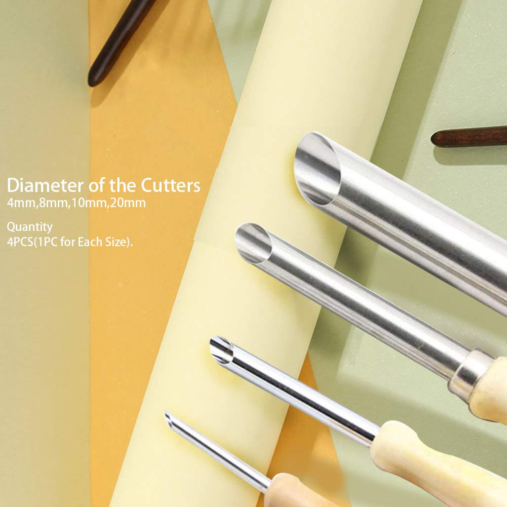 BLUECELL Pack of 4 Stainless Steel and Wood Circular Clay Hole Cutters for Pottery and Sculpture