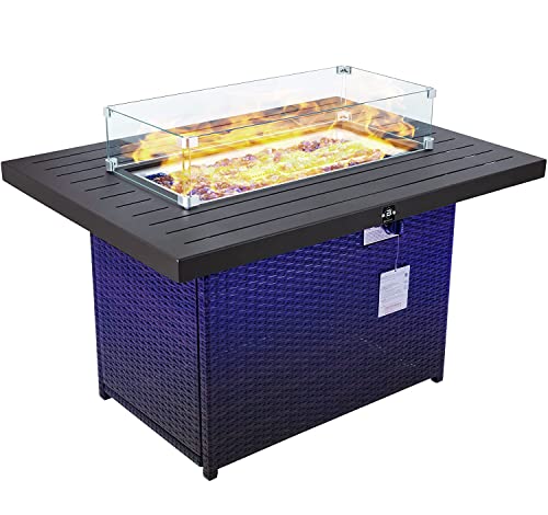 BENAIYA Patio Fire Pit Table 44x 32x 26, 50000 BTU Gas Heater for Gardens, Outdoor Firepit with Wind Guard, Stainless Steel Burner & Brown Rattan Body