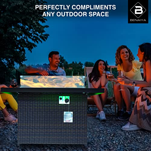 BENAIYA Patio Fire Pit Table 44x 32x 26, 50000 BTU Gas Heater for Gardens, Outdoor Firepit with Wind Guard, Stainless Steel Burner & Brown Rattan Body