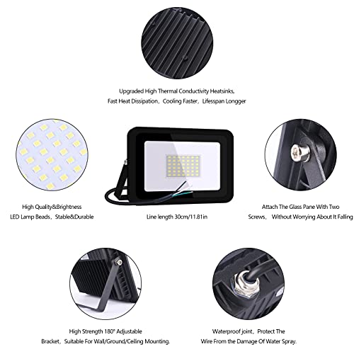 MIHEAL 2 Pack 50W LED Flood Light, Cool White, IP68 Waterproof Super Bright Work Light, 110V, Outdoor Floodlight for Yard, Garden, Garage, Lawn, Court [Energy Class A++]